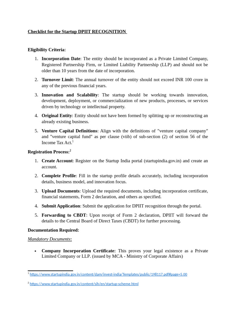 Checklist for the Startup DPIIT RECOGNITION | PDF Checklist for the Startup DPIIT RECOGNITION | PDF
