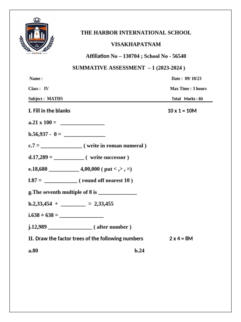 Class 4 Maths Sa1 | PDF