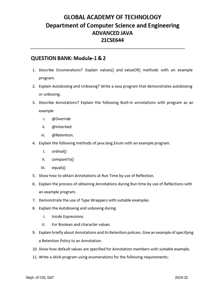 Advance JAVA Question Bank-Module 1 2 | PDF