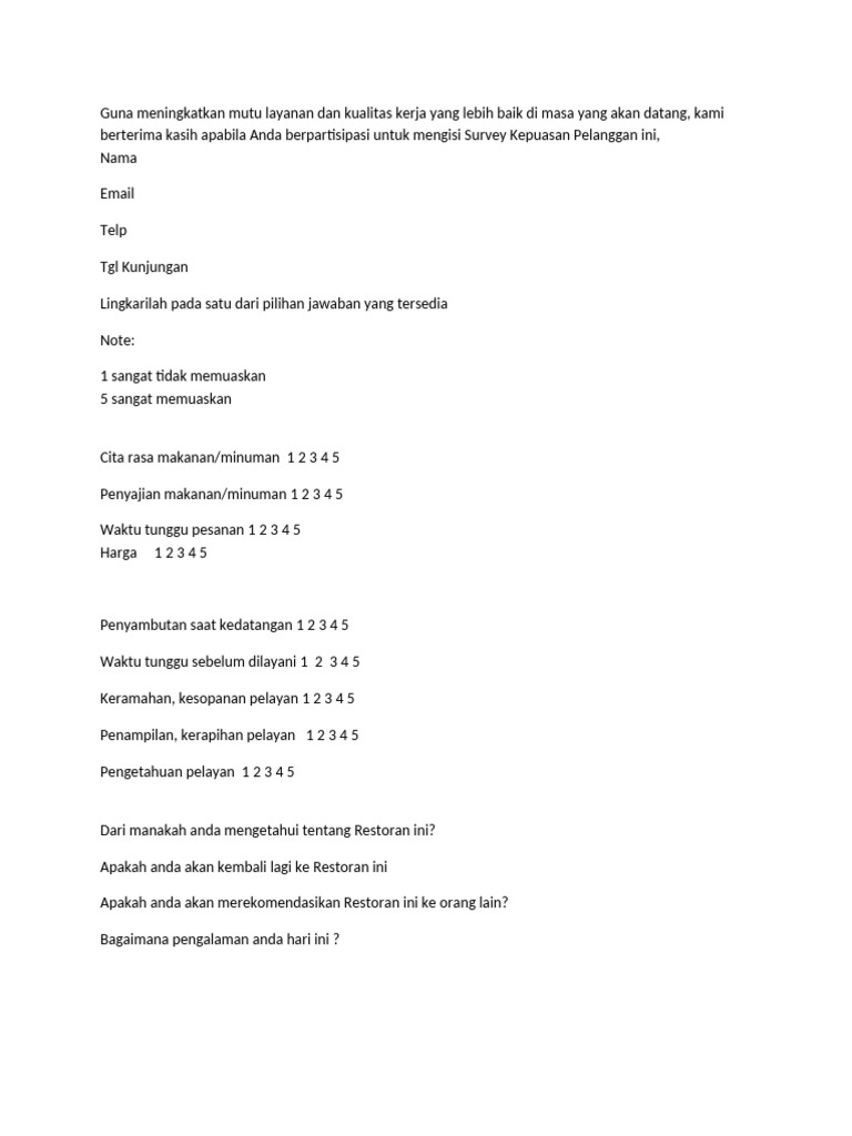 Form Survey Kepuasan Konsumen | PDF