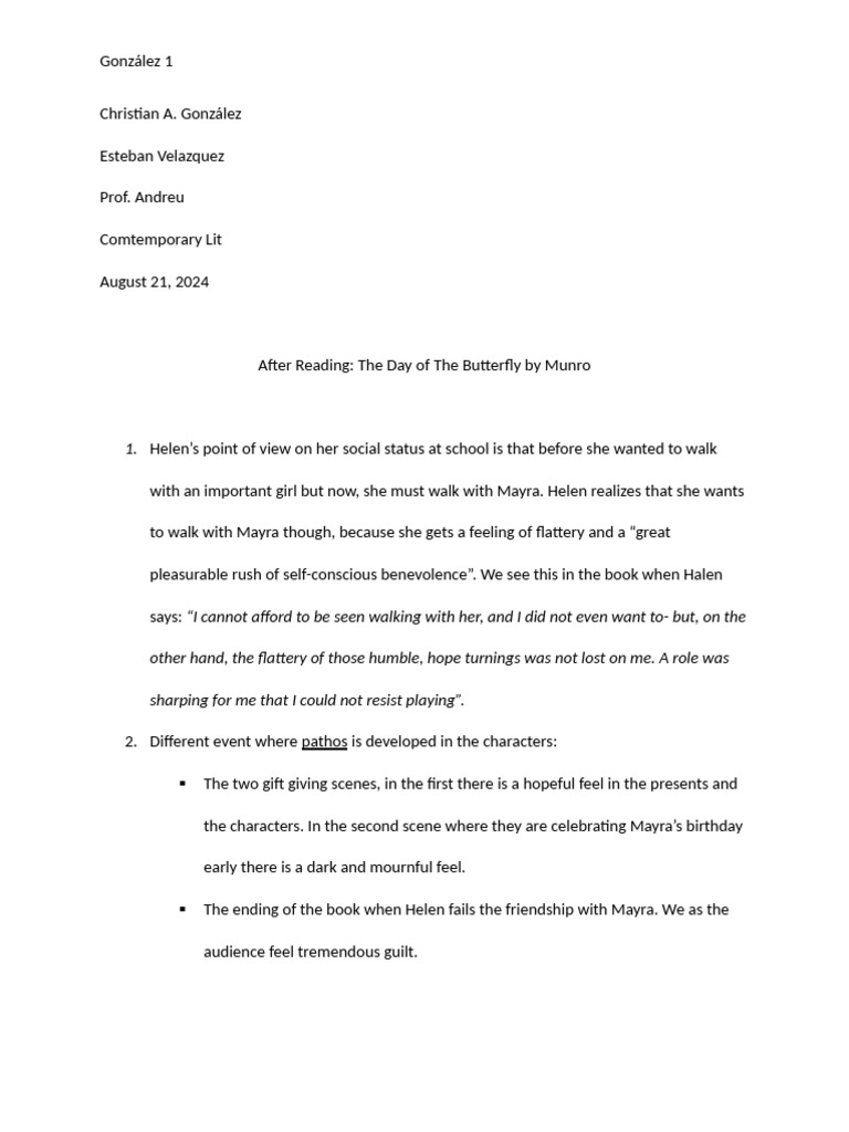 After Reading - The Day of The Butterfly by Munro | PDF