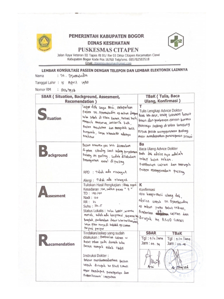 Sbar Puskesmas | PDF
