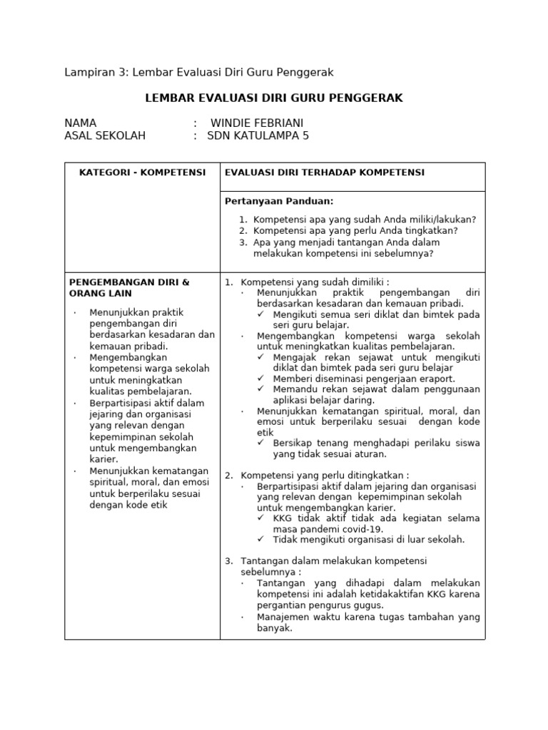 Lampiran 3 - Lembar Evaluasi Diri Guru Penggerak | PDF