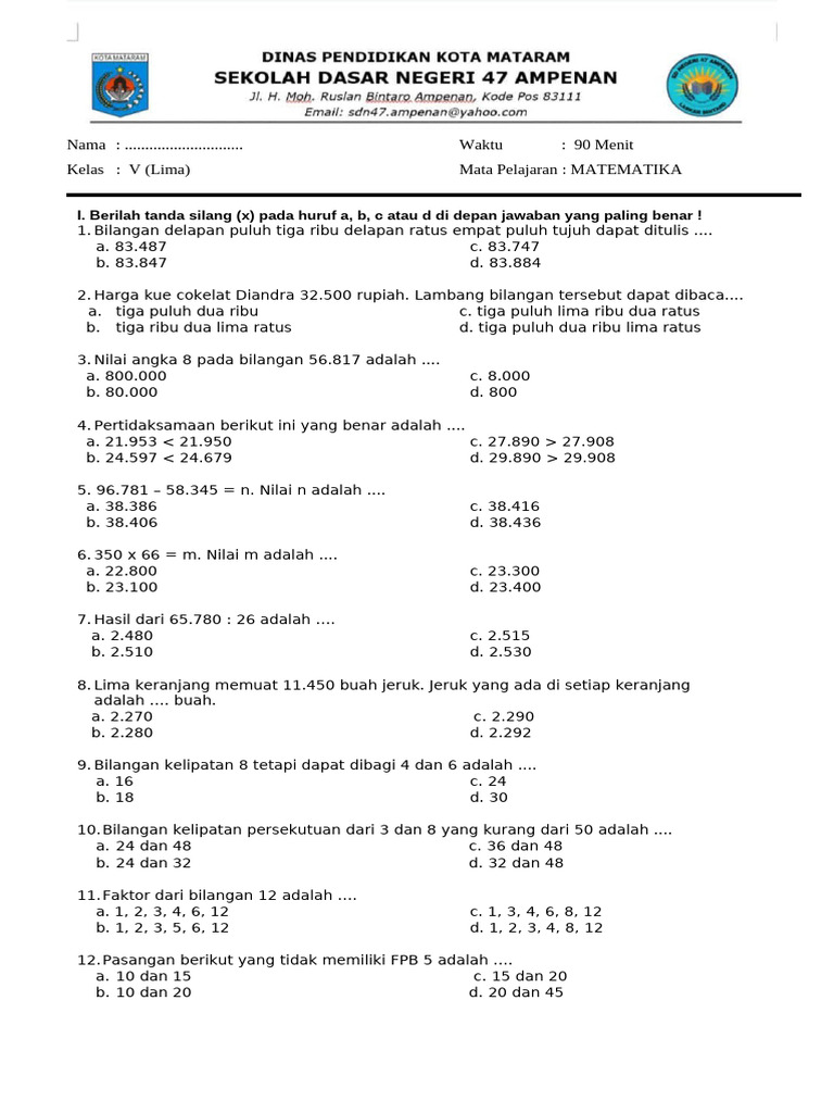 Soal PTS-STS Matematika Kelas 5 Semester 1 Kurikulum Merdeka T.A 2023-2024 | PDF