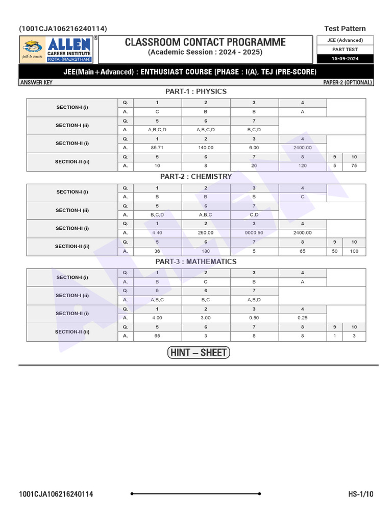 Enthusiast - Phase-I (A), PRE SCORE - Answerkey & Solution - P-2 | PDF | Mathematics