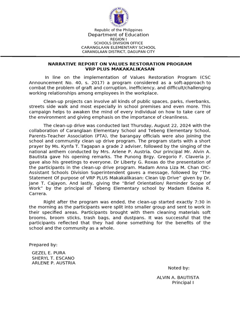 NARRATIVE REPORT ON VALUES RESTORATION PROGRAM | PDF