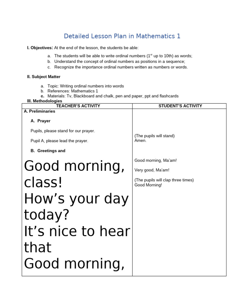 Detailed Lesson Plan in Mathematics 1 | PDF