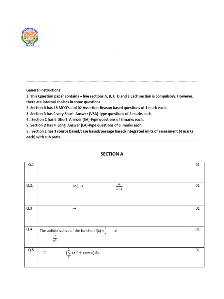 Class Xii Maths Term I Maths QP (Paper 1) | PDF