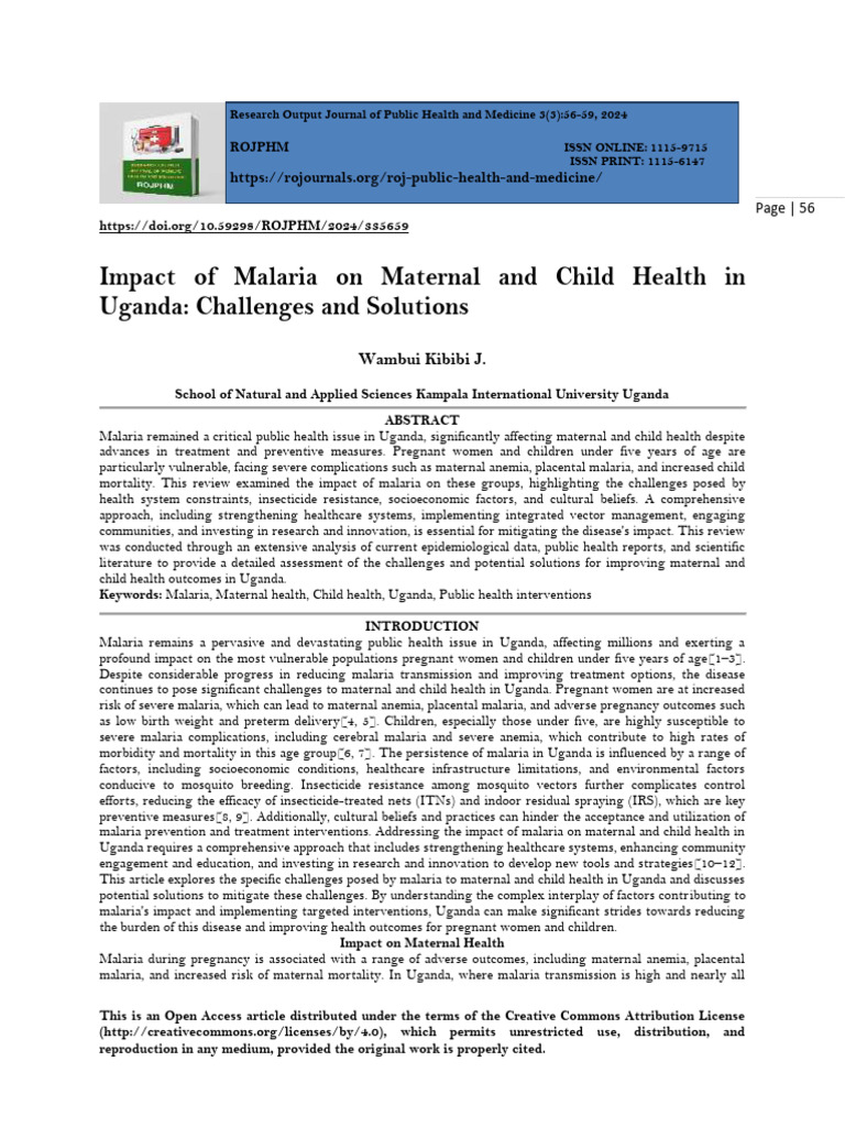Impact of Malaria On Maternal and Child Health in Uganda: Challenges ...