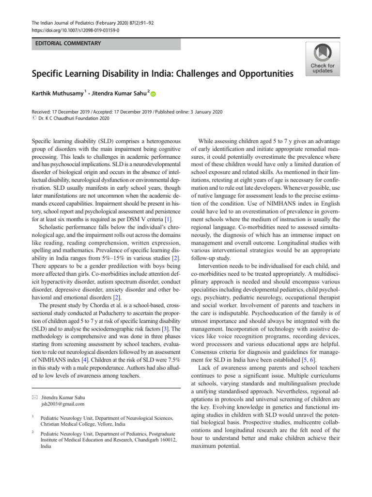 Specific Learning Disability in India: Challenges and Opportunities | PDF