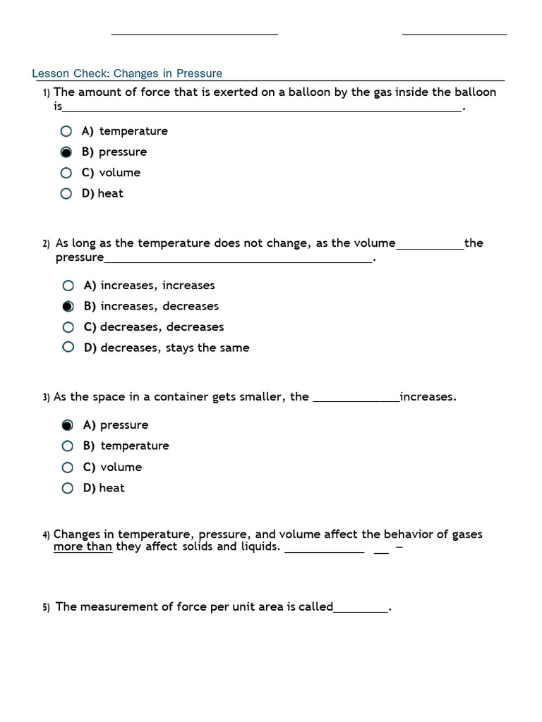 Lesson Check1.3 Changes in Pressure - SE | PDF