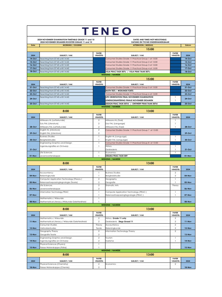Preliminary SACAI FET Nov Exam TT 2024 - Voorlopige SACAI VOO Nov Eksamen Rooster 2024-1 | PDF