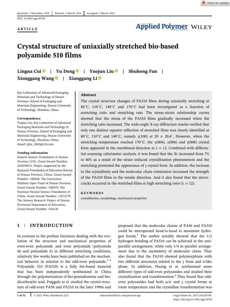 2021-崔玲娜-Crystal structure of uniaxially stretched bio-based polyamide ...