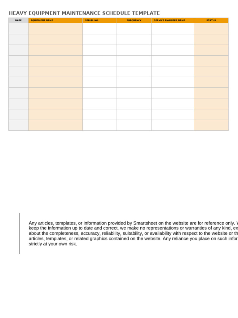 Heavy Equipment Maintenance Schedule Template | PDF