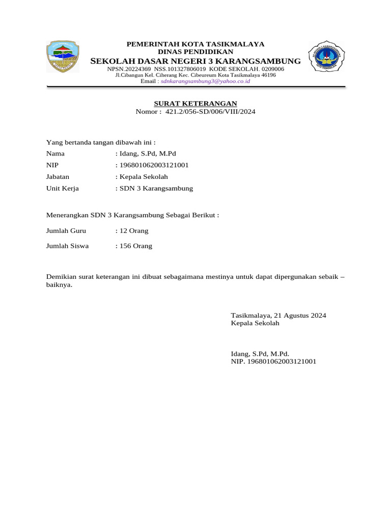 Surat Keterangan Jumlah Siswa | PDF