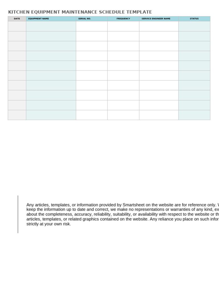 Kitchen Equipment Maintenance Template | PDF