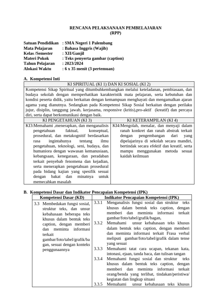 RPP Caption Kelas XII | PDF