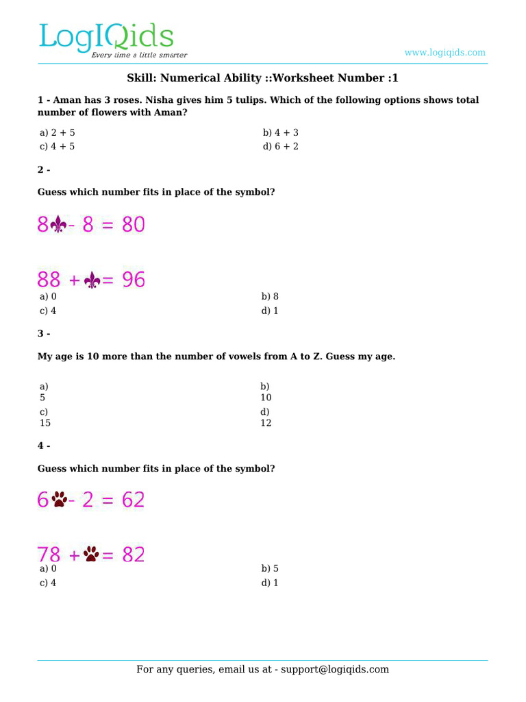 Skill: Numerical Ability::Worksheet Number:1: A) 2 + 5 B) 4 + 3 C) 4 ...
