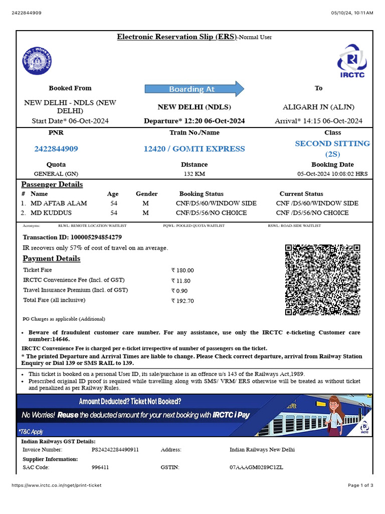 Gomti Express Second Sitting (2S) : Electronic Reservation Slip (ERS) | PDF