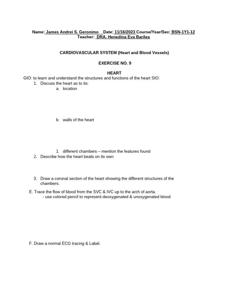 ANAPHY LAB EXERCISE CARDIOVASCULAR AND BLOOD VESSELS | PDF