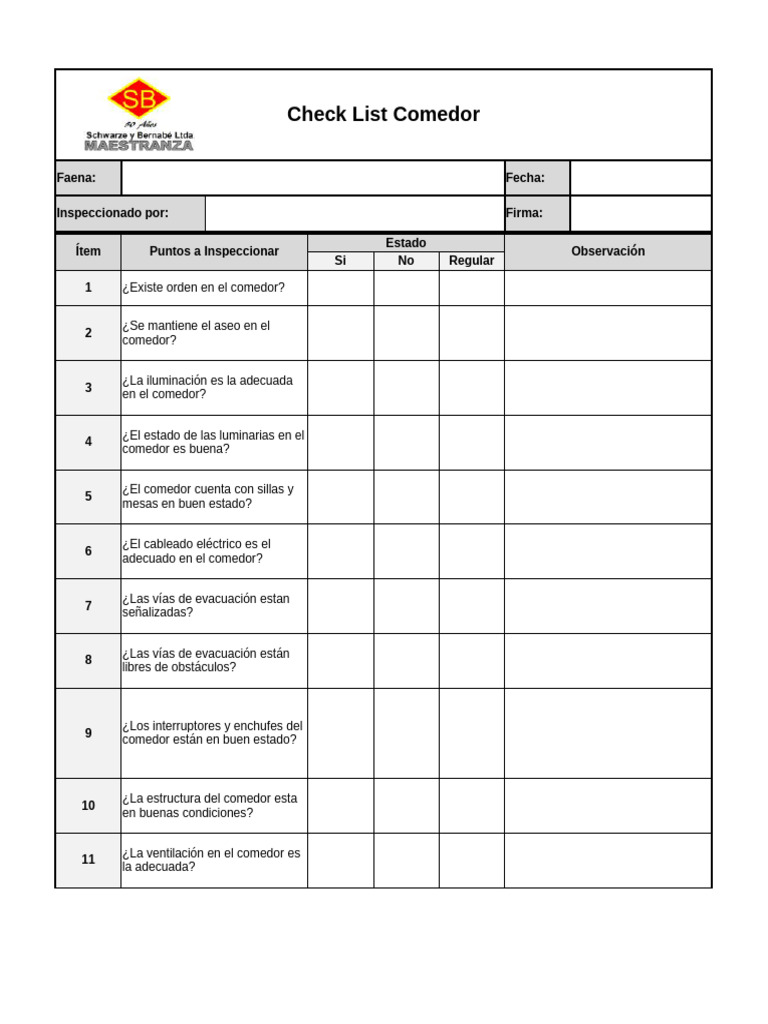 SGI-MTZA-PR-07-RE Check List Comedor | PDF