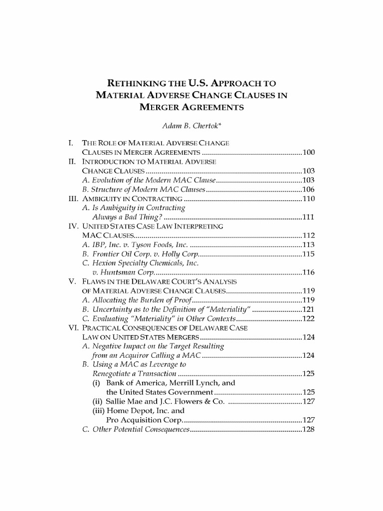 Rethinking The U.S. Approach To Material Adverse Change Clauses in ...