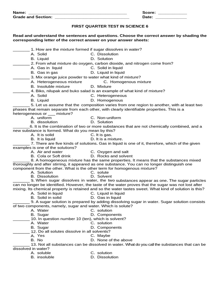Science6 1stquartertest Content | PDF