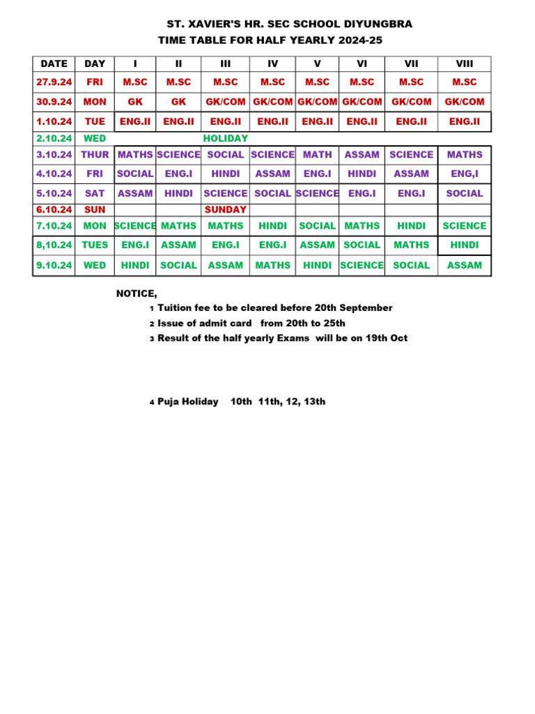 Half Yearly Time Table 2024 | PDF