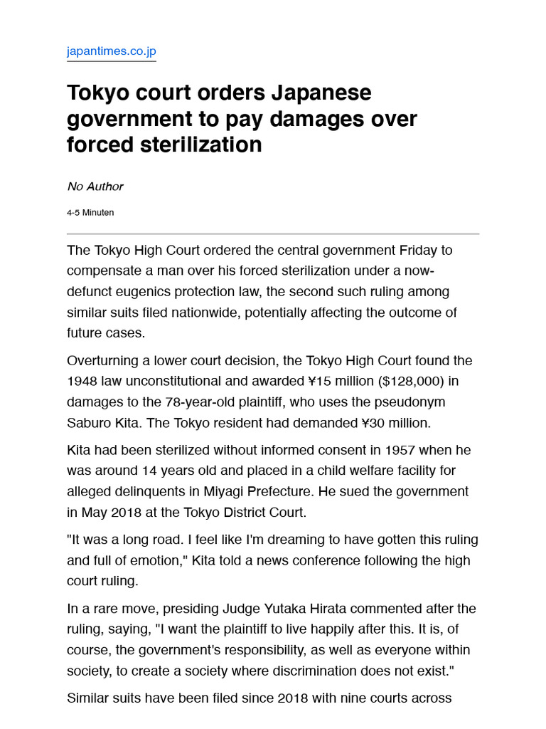 Tokyo Court Orders Japanese Government To Pay Damages Over Forced Sterilization | PDF