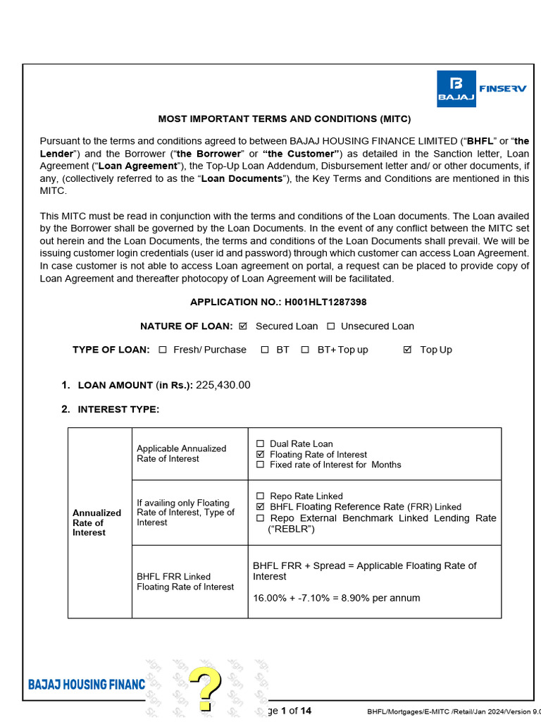 Most Important Terms and Conditions (Mitc) BHFL The Lender The Borrower ...