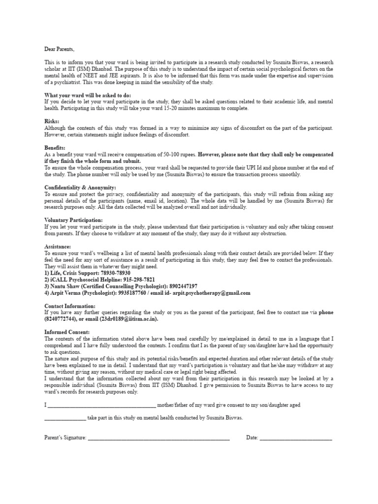 Informed Consent Form For Parents SI | PDF