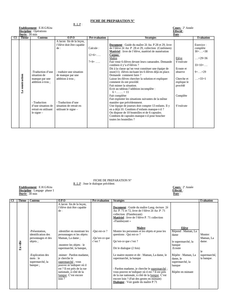 FICHE DE PREPARATION Semaine 12 | PDF