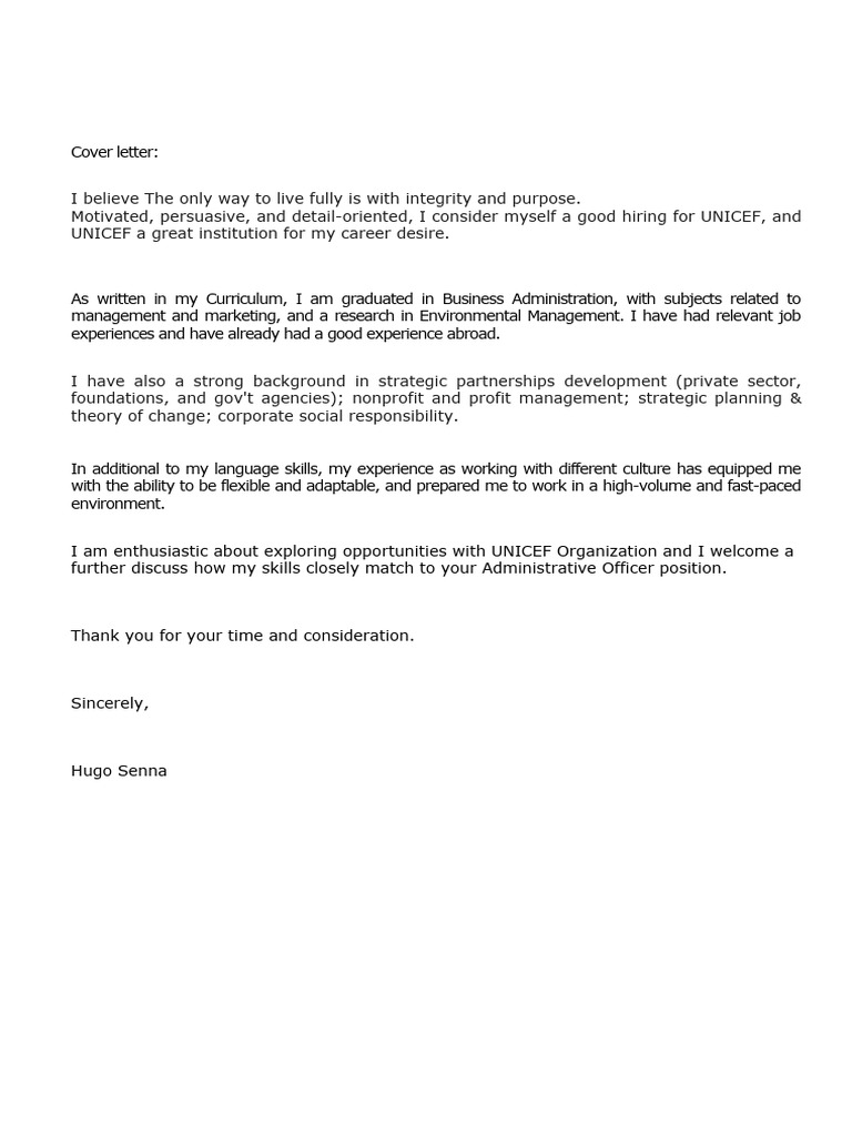 Cover Letter for UNICEF Position | PDF | Career & Growth | Business