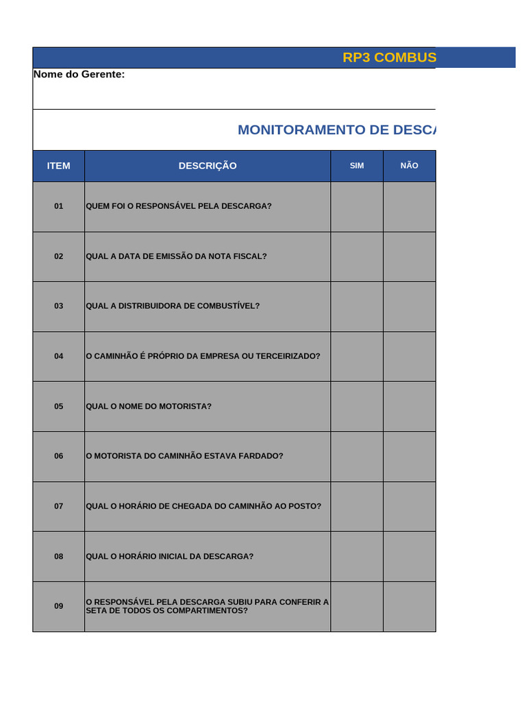 (MODELO) DESCARGA, NomeDoPosto, DATA - XX - XX - CHECKLIST INTELIGÊNCIA ...