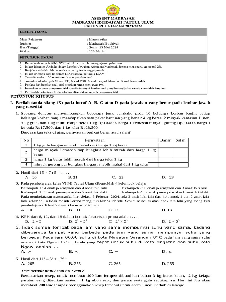 Soal AM MTK Kls 6 Fix | PDF