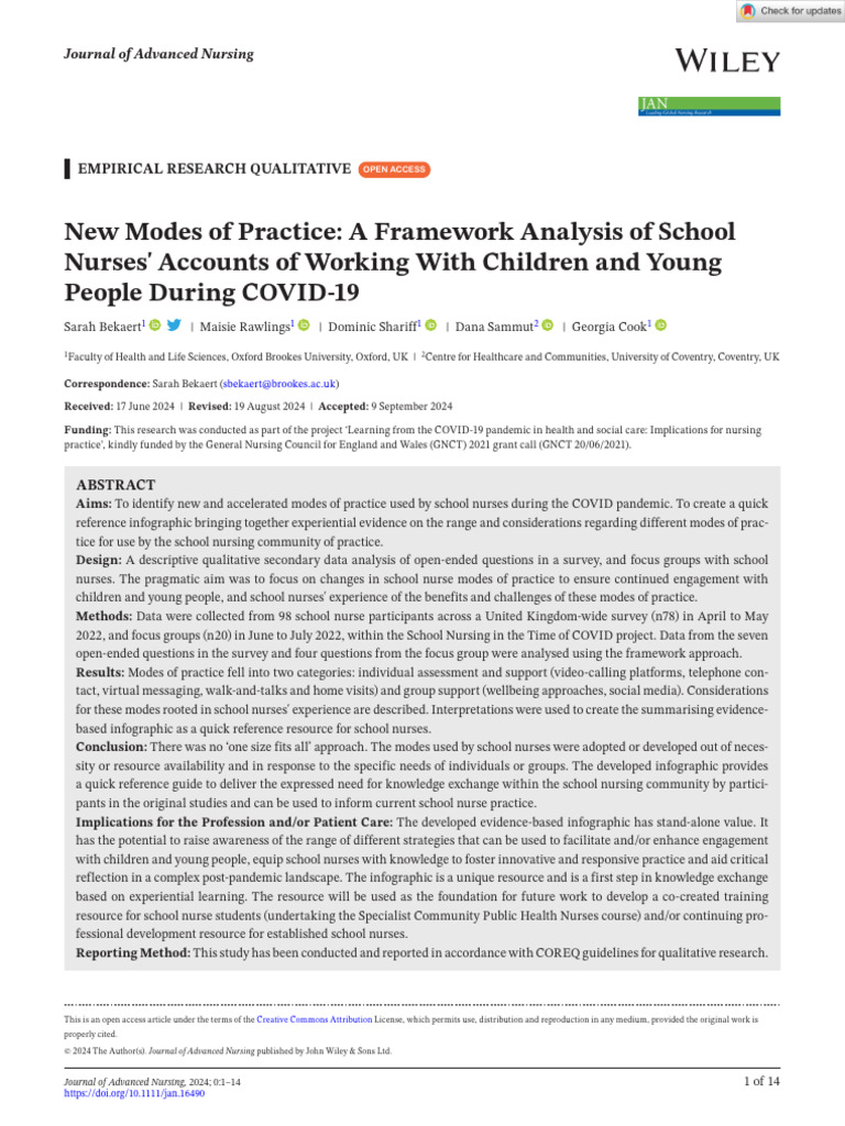 Journal of Advanced Nursing - 2024 - Bekaert - New Modes of Practice A Framework Analysis of ...