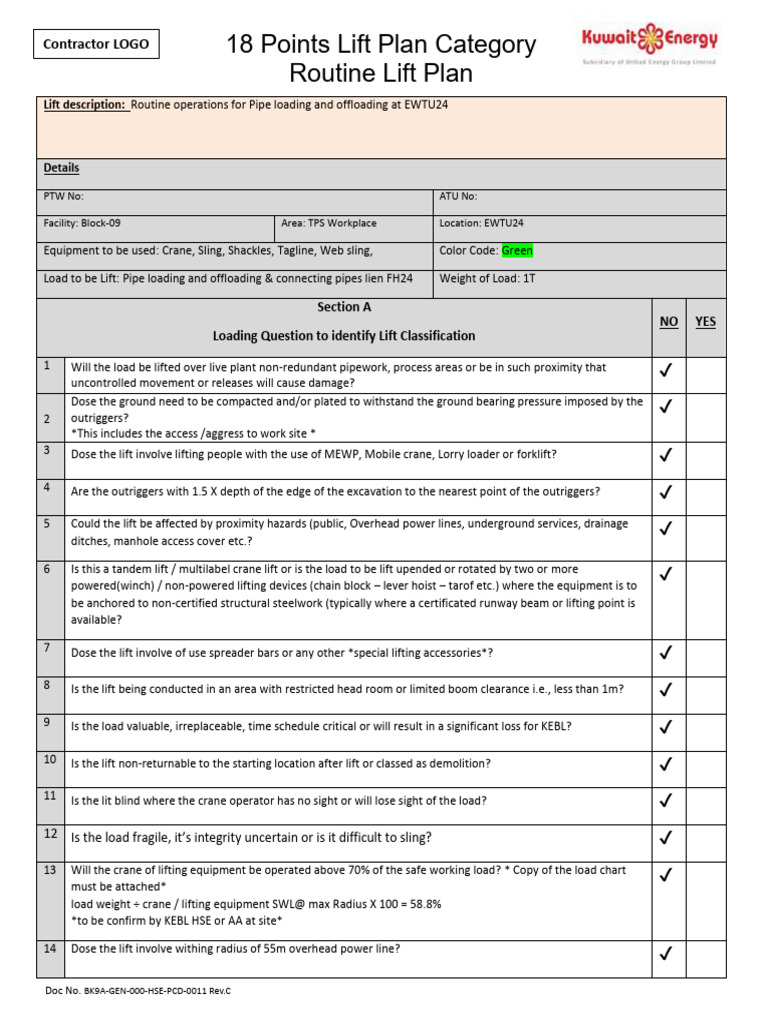 Routine Lift Plan | PDF | Crane (Machine)