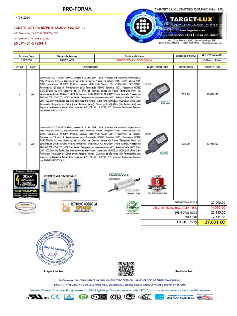 2024 PRO-FORMA TARGET-LUX C. RIZEK PROYECTO AV. ECOLOGICA (62+58) LUMINARIAS LED SHR 120W DRIVER ...