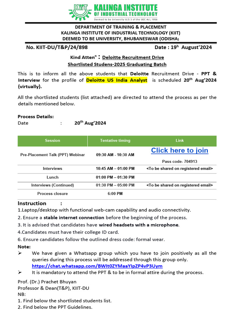 Revised Notice-Deloitte Recruitment Drive On 20th Aug'2024 For 2025 Batch | PDF