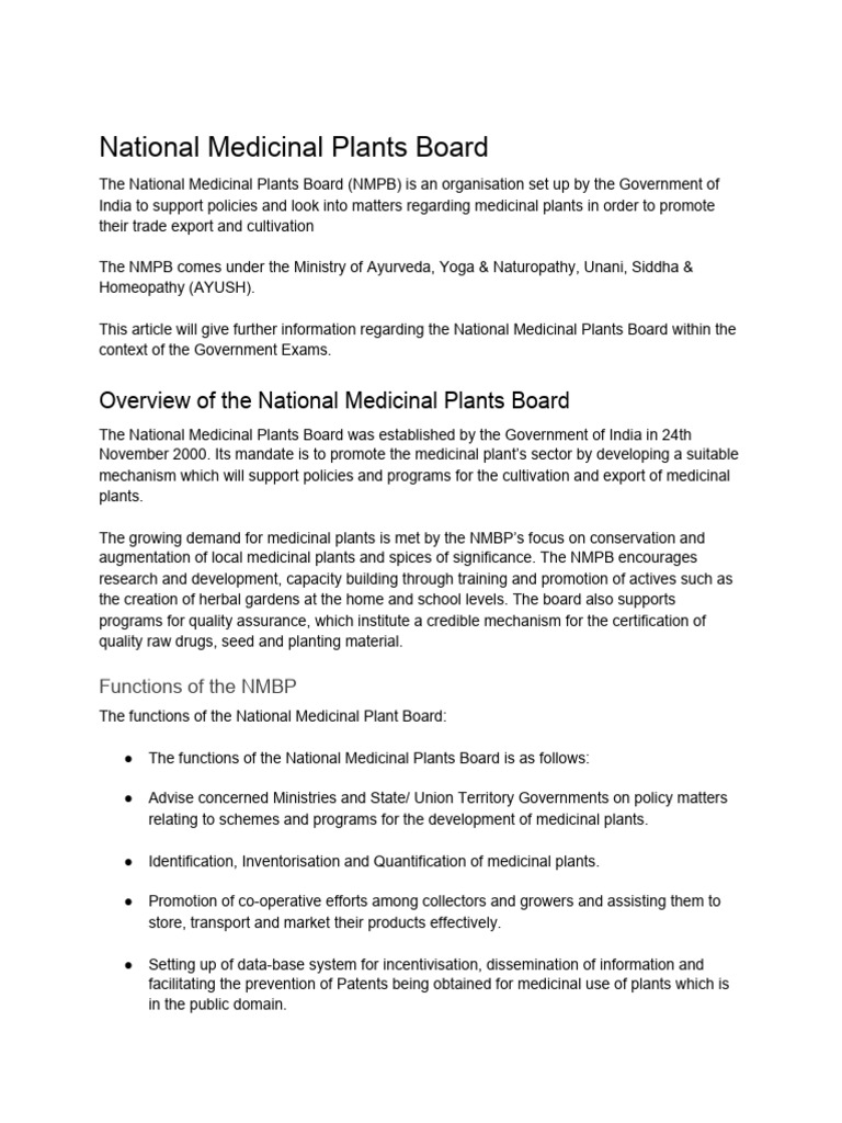 Overview of National Medicinal Plants Board | PDF