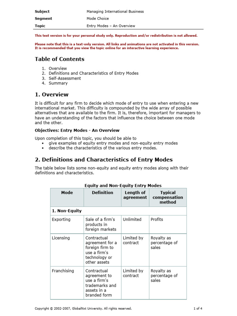 Entry Modes An Overview | PDF