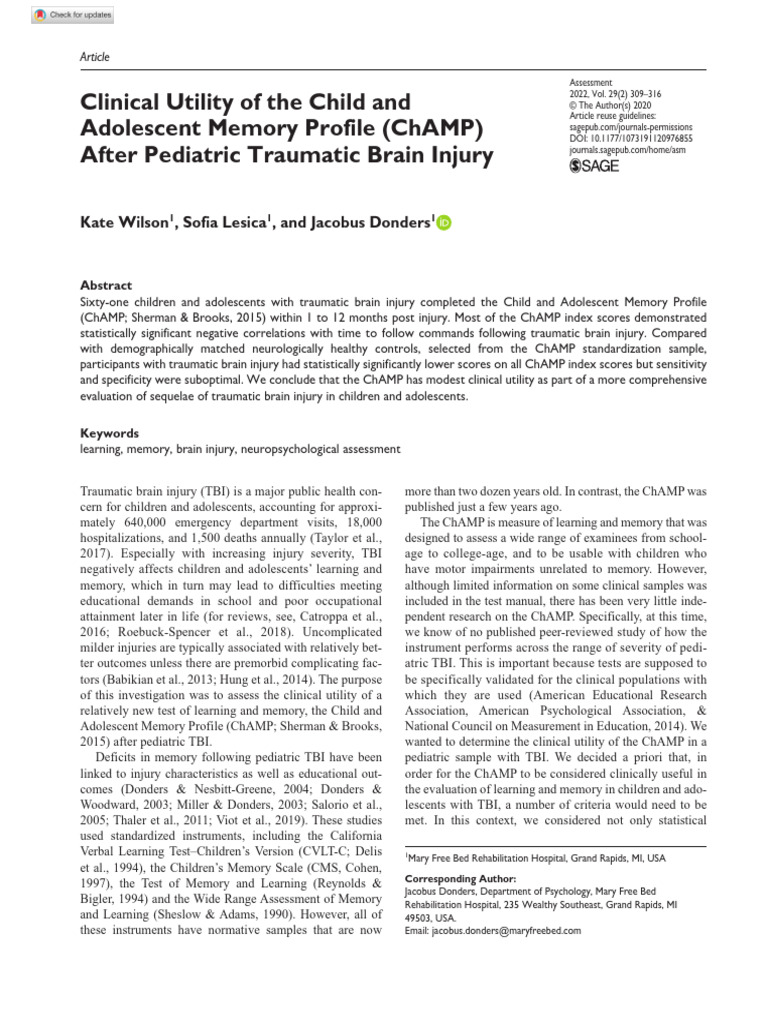 Clinical Utility of The Child and Adolescent Memory Profile (ChAMP ...