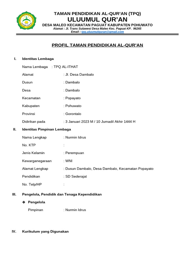 Profil TPQ Uluumul Qur'an | PDF