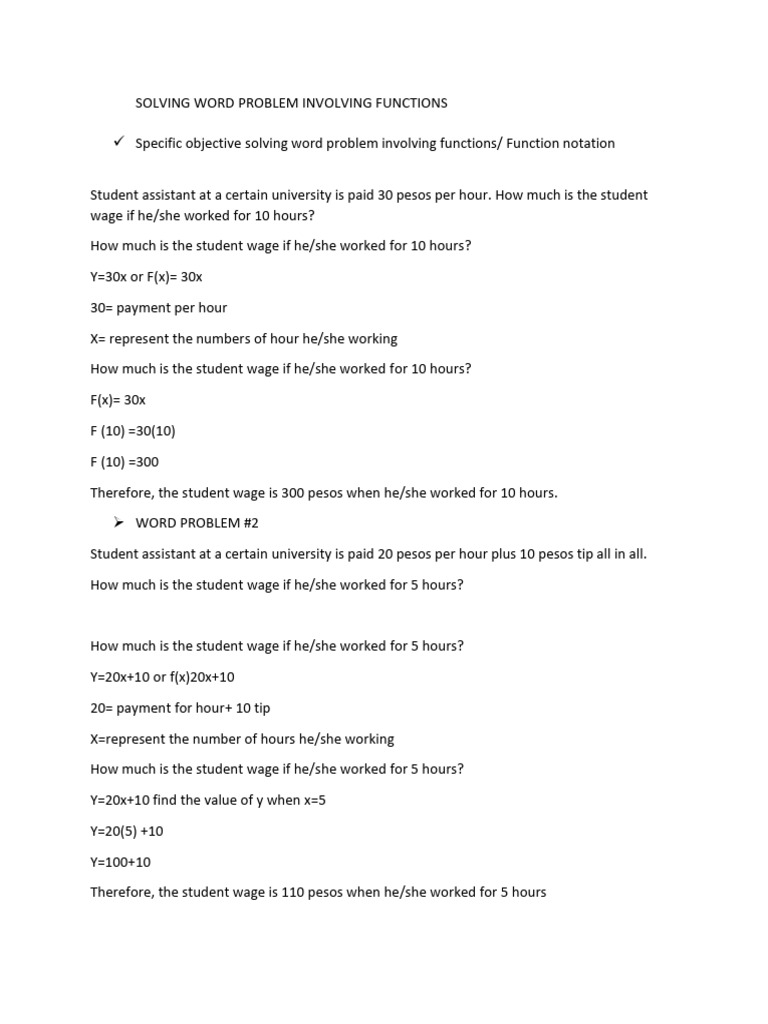 Solving Word Problem Involving Functions Pdf
