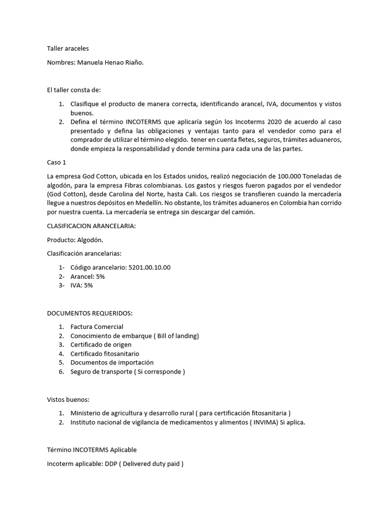 Comparto 'Taller Aranceles MANUELA HENAO RIAÑO.' Con Usted | PDF ...