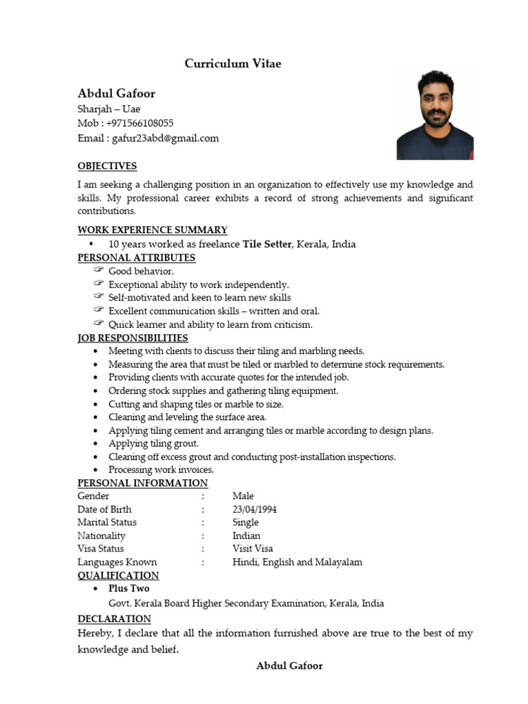 Abdul Gafoor - Tile Setter CV | PDF | Career & Growth