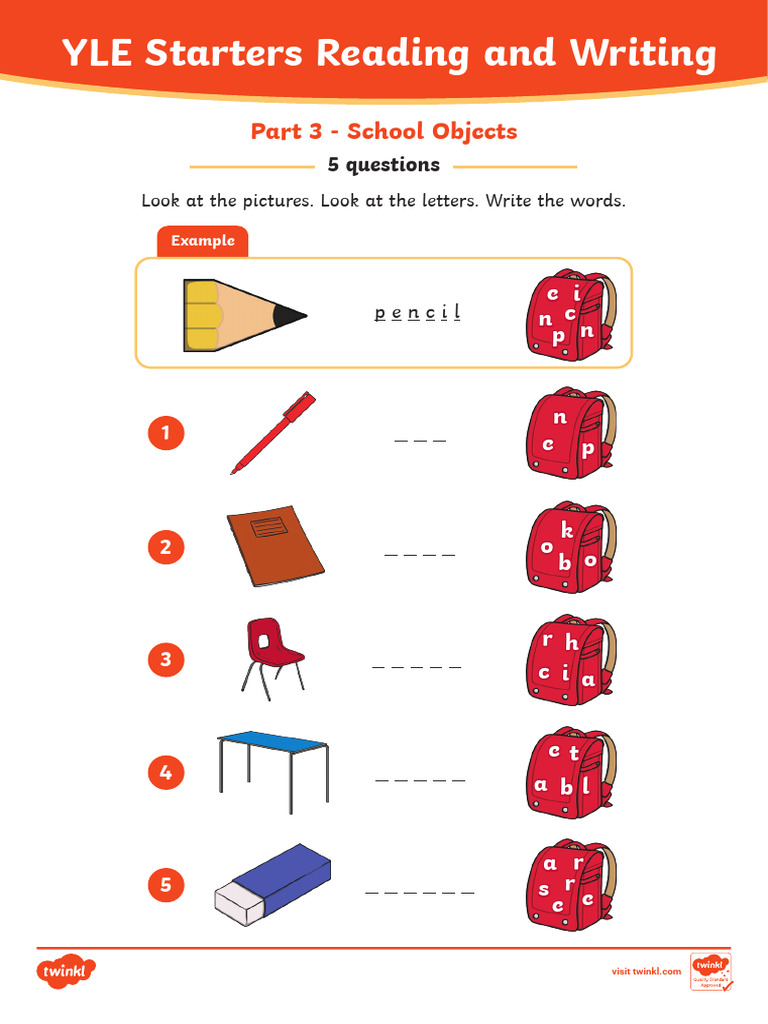 T e 1682415982 Esl Yle Starters Reading and Writing Part 3 Worksheet School Objects Kids Pre A1 ...