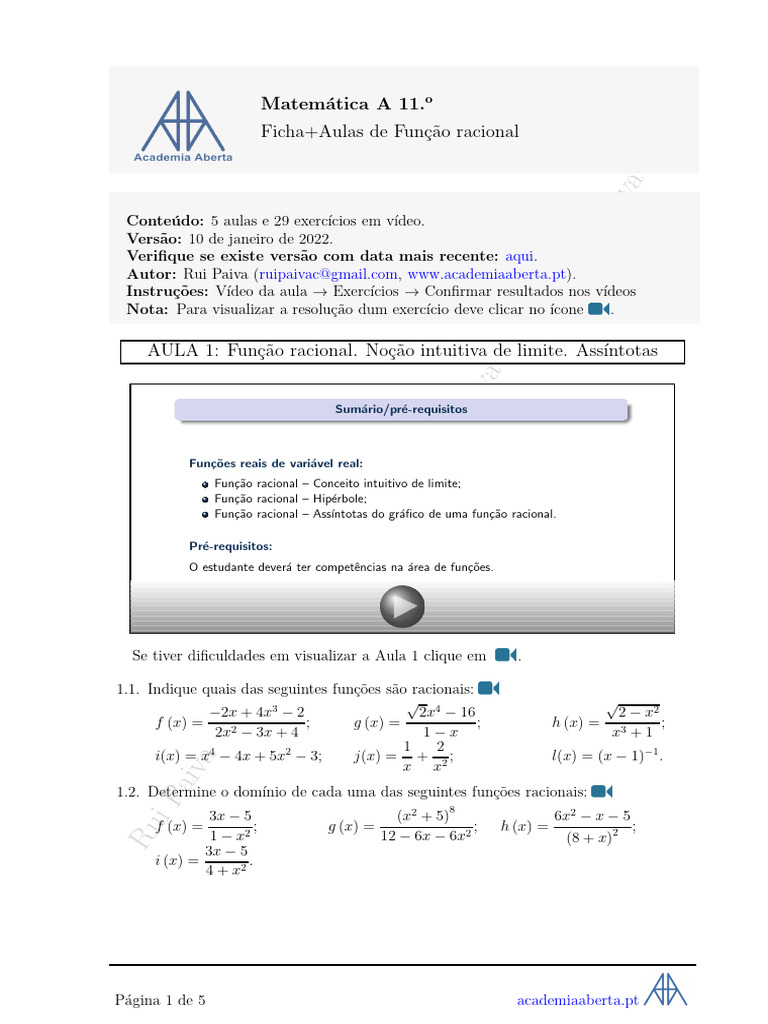 Ficha e Aulas de F Racional AA11 | PDF