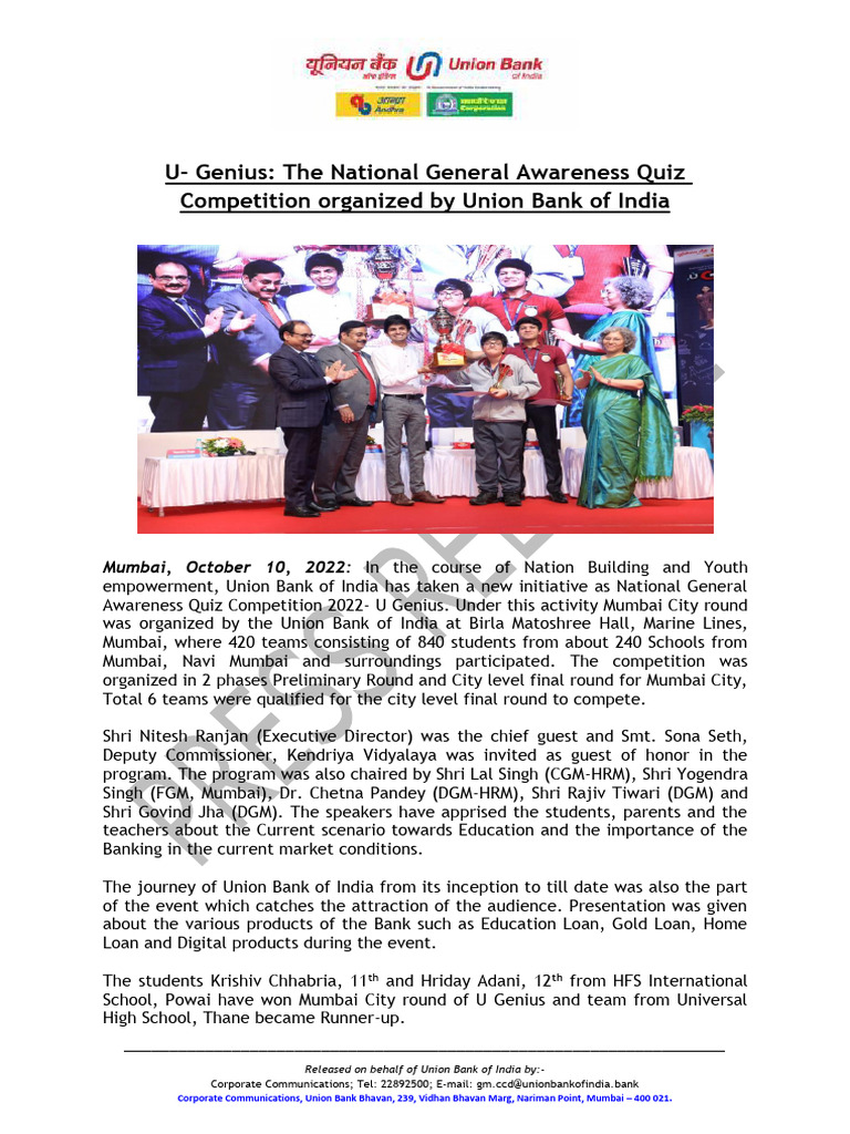 U - Genius The National General Awareness Quiz Competition Organized by ...