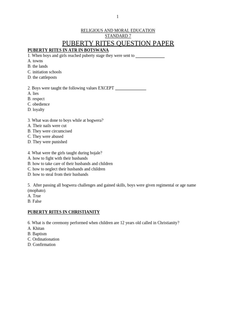 Puberty Rites Topic Test With Permissions | PDF | Baptism | Confirmation